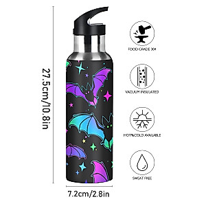 Yasala Halloween Water Bottle Bat Star Neon Coffee Thermos Stainless Steel Insulated Beverage Container 20 oz with Straw Lid BPA-Free for Sport, Travel, Camping, Back to School