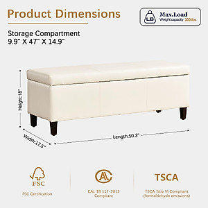 HUIMO Faux Leather Storage Ottoman Bench 50.3 inch Extra Long Upholstered Bedroom Bench with Large Storage Space for The Living Room, Entryway, Bedroom Hold Up to 300lbs (Cream)