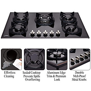 30 Cooktop gas, 5 Burners gas stovetop 30 inch,Gas Stove Gas Hob Stovetop Tempered Glass Cooktop Cast Iron Grates Built-in Gas Stove Top LW5G01 LPG/NG Gas Cooktop Black