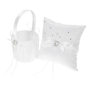 Wedding Supplies Double Heart Satin Flower Girl Basket Ring Bearer Pillow Guest Book Pen Holder Bride Garter Set(Satin-5PCS)