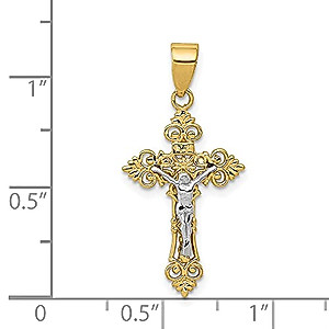 Diamond2Deal Gift for Mothers Day 14k Gold Two-tone Small Lacey-edged INRI Religious Crucifix Cross Pendant Fine Jewelry for Women (L- 29 mm, W- 14 mm)