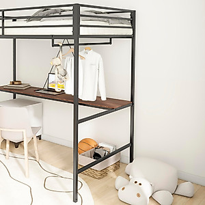 Ochangqi Twin Metal Loft Bed, Heavy Duty Metal Twin Loft Bed with Ladder and High Safety Guard Rails, Multifunctional Modern Loft Bed for Kids Teens Adult, Black