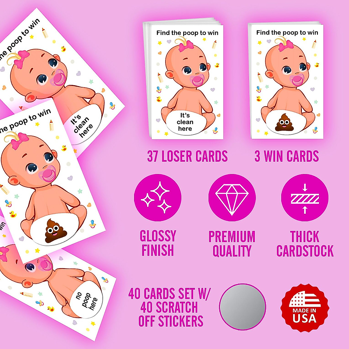 Baby Shower Girl Scratch Off Poop Game, Easy to Play Silly Games, Fun Idea, Ice Breaker Activity. Raffle Cards, Pink Pacifier, Set of 40 Cards Made in USA