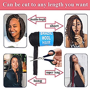 COOKOO 4 Roll Natural Black Brazilian Wool Hair Acrylic Yarn for African Crochet Hair Jumbo Braids Senegalese Twisting Knitting Hair Braids Faux locs Spiral Corkscrews Braids Twist Wraps 70G/Roll(1B#)