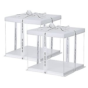 XININSUN 2Pcs Large Cake PET Clear Box, 10" X 10" X 9" with ribbon and pre-folded lid, for 8" cake packing carry, baking cookie display, Carry Tall Layer Gift, Festive Gift Box -White