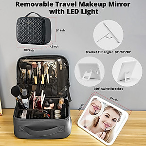 Omobolanle Makeup Bag with Mirror Led Light Detachable Portable Make up Travel Train Case with Adjustable Dividers and 10x Magnifying Mirror Black