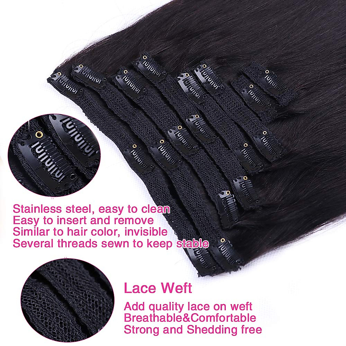 Straight Human Hair Clip in Hair Extensions for Black Women 100% Unprocessed Full Head Brazilian Virgin Hair Natural Black Color,8/Pcs with 18Clips,120 Gram (18inch, Straight hair)