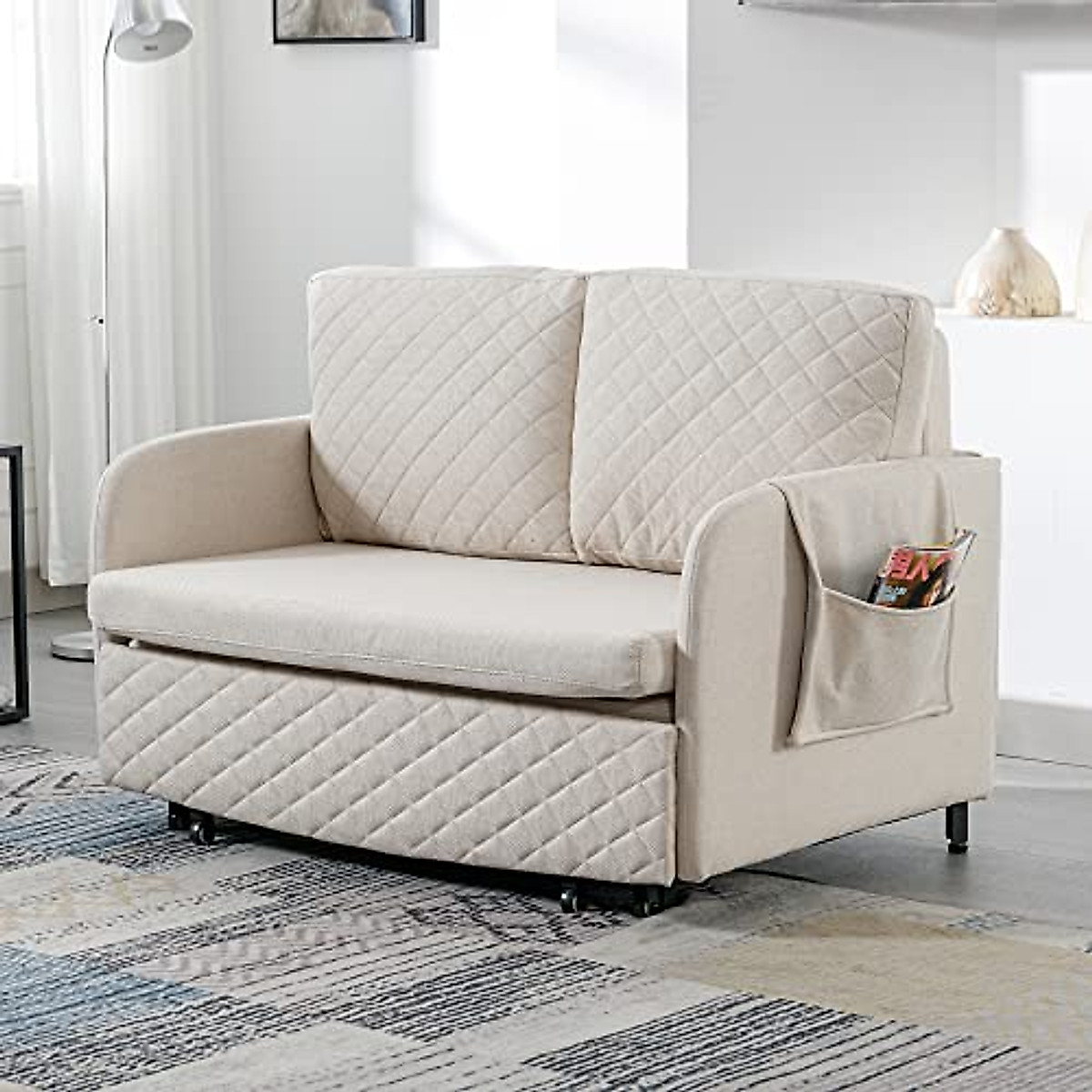 UFINEGO Sleeper Sofa Bed with Pull Out Couch Bed, Upholstery Linen Loveseat Sofa Couch, Modern Pull Out Couch with Under Bed Storage, 2 Pillows & Side Pocket for Living Room Apartment