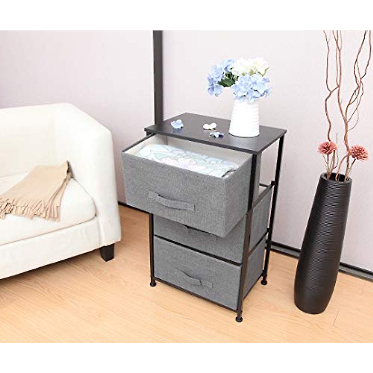 East Loft Nightstand Dresser Storage Organizer for Closet, Nursery, Bathroom, Laundry or Bedroom 3 Fabric Drawers, Solid Wood Top, Durable Steel Frame (Charcoal)