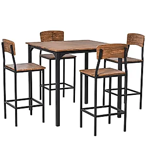 HOMCOM Counter Height Bar Table Set for 4, Square Kitchen Table and Chairs Set with Footrest, Metal Legs, Industrial Dinner Table Set for 4, Walnut