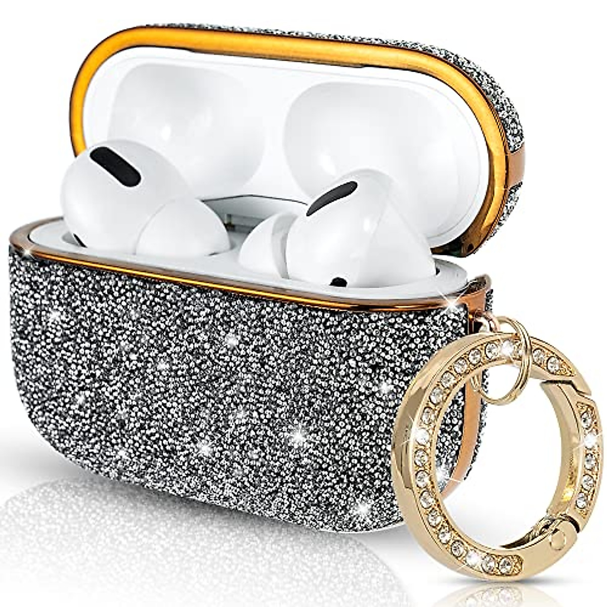 KINGXBAR Luxury AirPods Pro Case Bling Sparkle Crystals Cute Glitter Chic Design Shockproof Protective Hard Cover with Accessories Keychain for Apple AirPods Pro Silver for Girls Women