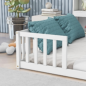 SOFTSEA Full Size Floor Bed with Bedside Bookcase and Storage Shelves, Solid Wood Floor Bed Frame with Guardrails for Boys and Girls Bedroom, Easy Assembly, White