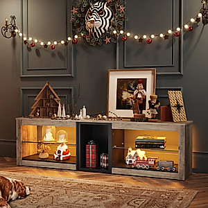 Bestier TV Stand for 70 inch TV, Gaming Entertainment Center for PS5, LED TV Cabinet with Glass Shelves for Living Room, 63'' Inch, Grey Wash