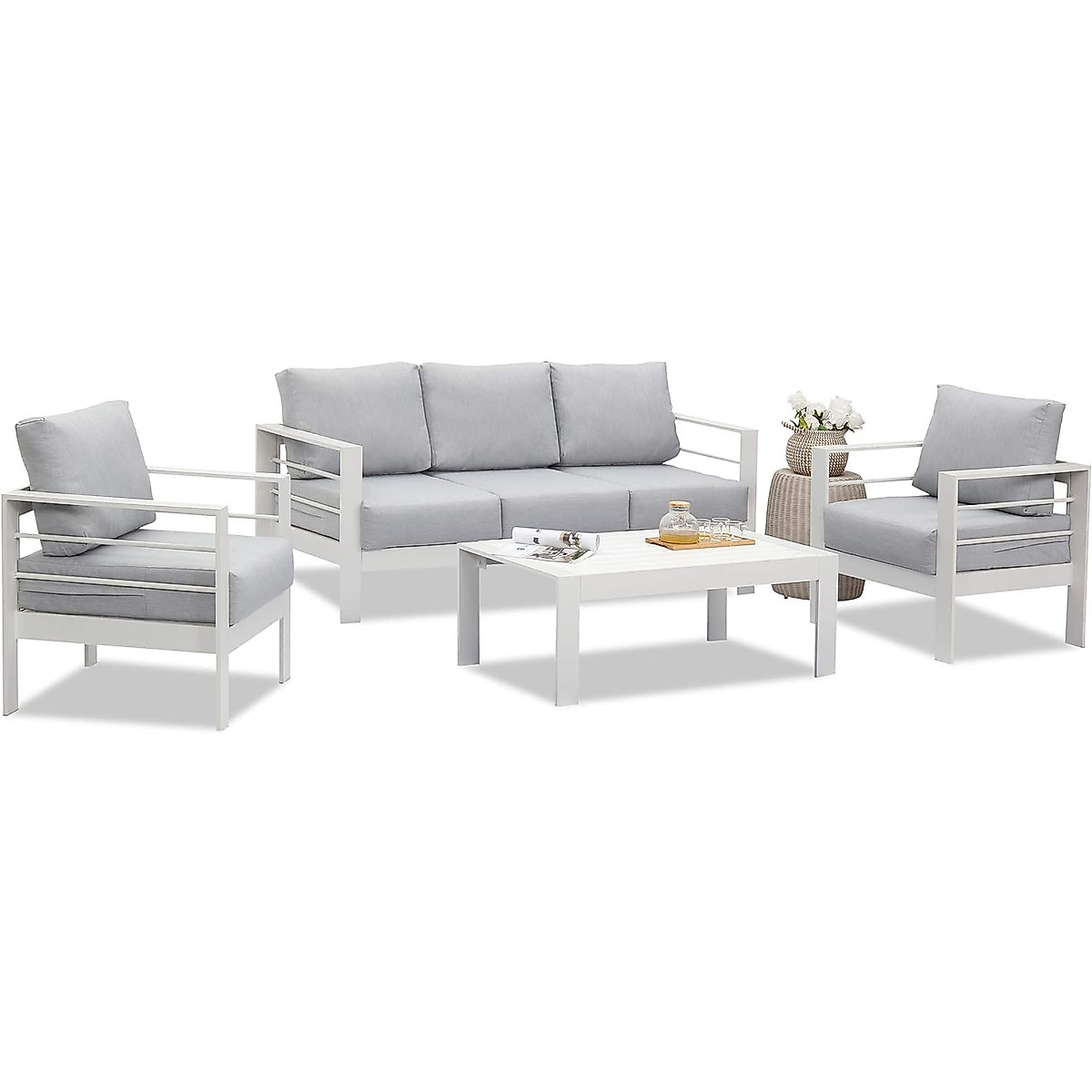 Wisteria Lane Aluminum Outdoor Patio Furniture Set, Modern Patio Conversation Sets, Outdoor Sectional Metal Sofa with 5 Inch Cushion and Coffee Table for Balcony, Garden, Light Grey