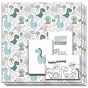 Dinosaur Wrapping Paper with Matching Cards - Premium Happy Birthday Wrapping Paper for Boys and Girls includes 3 Folded Sheets 30 x 20 inches and 3 Coordinating Gift Cards Great for Three Rex Birthday Party Decorations and Baby Wrapping Paper