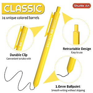Shuttle Art Ballpoint Pens, 24 Pack Colored Retractable Black Ink Ball Point Pens, Cute Pens 1.0mm Medium Point Quick Drying for Writing Journaling Taking Notes School Office Home