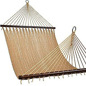 Lazy Daze 10 FT Double 2 Person Caribbean Rope Hammock, Hand Woven Polyester Hammock with Spreader Bars, Extra Large Outside Outdoor Backyard Patio Poolside Hammock, 450 LBS Capacity, Tan