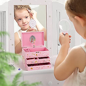 efubaby Upgrade Musical Jewelry Box for Girls with 3 Pullout Drawers Spinning Ballerina & Unicorn Jewelry Set, Jewelry Boxes for Kids Girls Birthday Valentine Christmas Gift Waltz of Flowers Tune