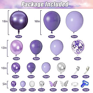 Amandir 145Pcs Purple Balloons Garland Arch Kit for Butterfly Baby Shower Decorations for Girl, 12Pcs Butterfly Stickers Lavender Purple Confetti Metallic Balloon for Birthday Wedding Party Decoration
