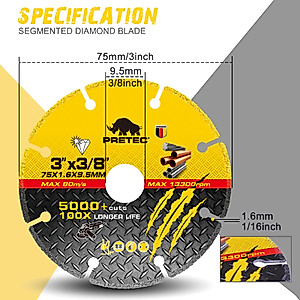 PRETEC 3 Inch Diamond Cutting Wheel for Metal, 2 Pcs Carbide Cut Off Wheels with 3/8" Arbor Hole, 3'' Angle Grinder Cutting Disc with 5000+ Cuts on Rebar, Steel, Iron and INOX, 100x Longer Wheel Life