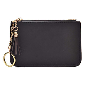 AnnabelZ Coin Purse Change Wallet Pouch Leather Card Holder with Key Chain Tassel Zip(Black)