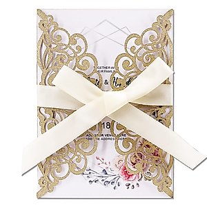 Fashmade 50Pcs Laser Cut Wedding Invitation With Glitter Envelopes And Ribbons Blank Personalized Card Invitaciones Para quinceañera Birthday Baby Shower Christmas Party Bridal Shower (Gold)