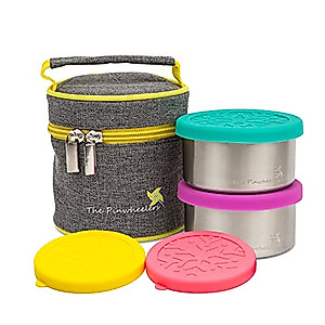 The Pinwheelers - 2 Storage Containers With Lids + 1 Insulated Bag, Food Storage Container for Mini Food, Adults & Kids Snack Container for Christmas Cookies/Christmas Candy, 220 mL, Yellow Gray Bag