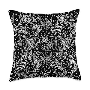 Seven Relics American Traditional Tattoo Art Pattern Throw Pillow, 18x18, Multicolor