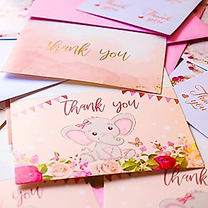 Baby Shower Thank You Cards - Set of 48 Cute Baby Thank You Cards with Envelopes and Stickers - Adorable 4x6 Small Blank Thank You Notes for Boy or Girl - Gold Floral and Pink Elephant Theme