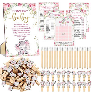 Patelai 321 Pcs Baby Shower Games Supplies, 5 Sets (50 Cards Each) Activities Cards with 20 Pencils 1 Don't Say Baby Sign 50 Clothespin(Pink Elephant)