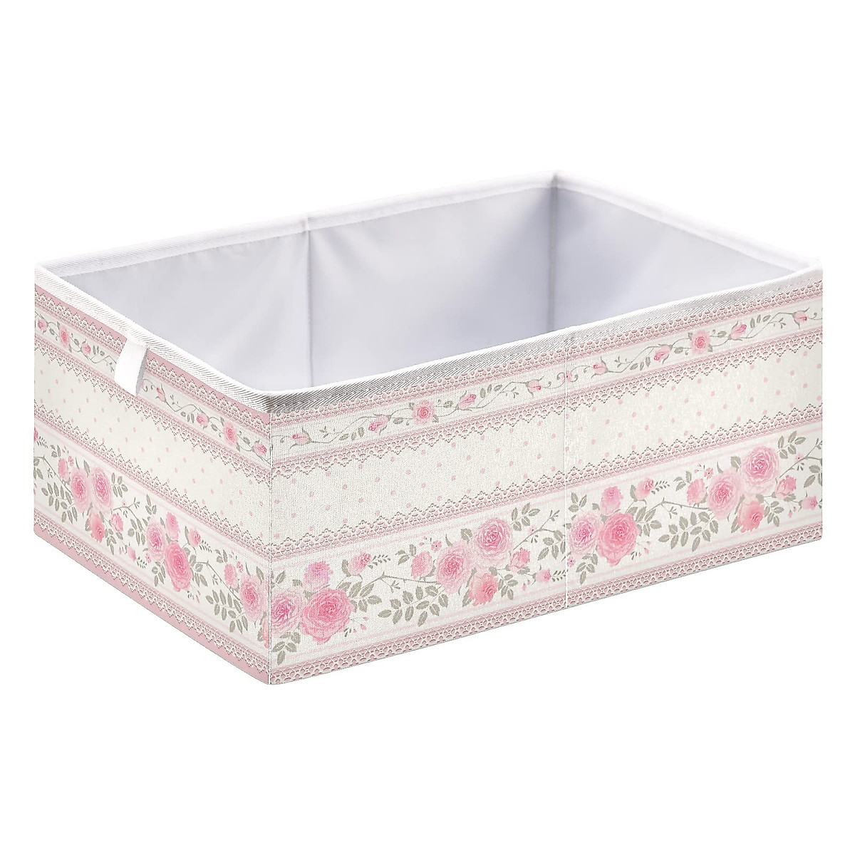 linqin Floral Pattern with Pink Roses Collapsible Open Storage Bins, Foldable Toy Nursery Storage Basket Bin Cloth Cube Rectangular Organizer with Handles for Shelves Closet Home Decor