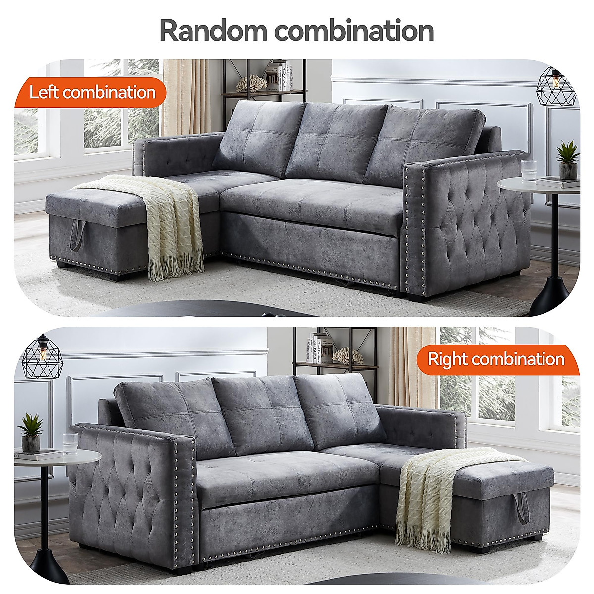 Morden Fort Sectional Sleeper Sofa with Pull Out Bed Storage, Queen Size 91 inches Sofa Bed, L-Shape Sectional Couch with Comfy Chaise Seat Sectional Sleeper Couch for Living Room, Velvet Grey