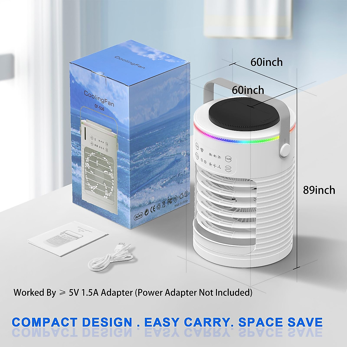 Azoiito Portable Air Conditioners,Small Air Conditioner with 2 Mist&3 Timer&7 Colors Night Light,Evaporative 3 Speed Personal Air Cooling Fan,Mini Desk Air Cooler AC Fan for Car, Office Camping