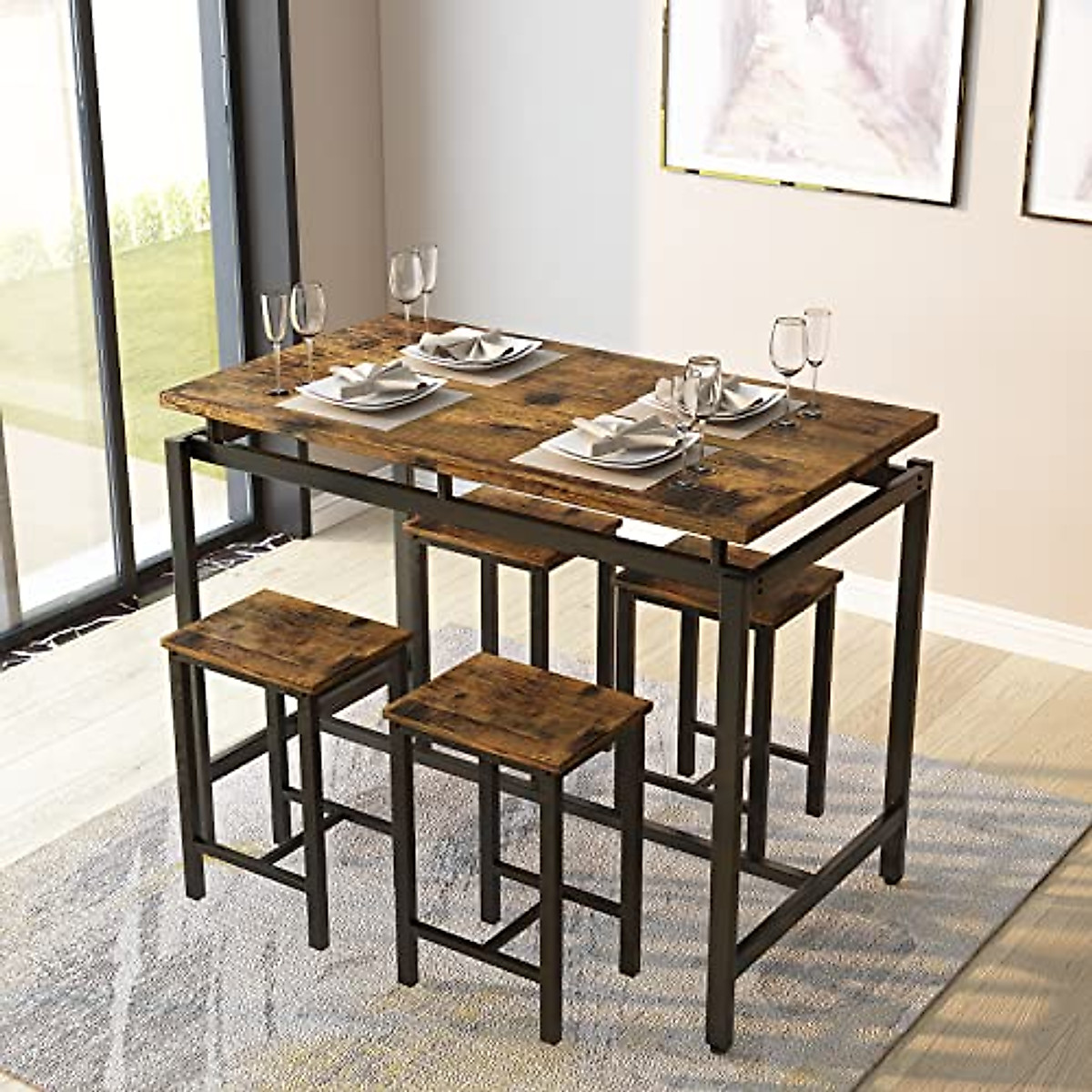 AWQM Bar Table and Chairs Set,Industrial Dining Table Set for 4,Small Kitchen Table Wood Pub Bar Table Set,Dining Room Table Set for Small Space, Breakfast Nook,Living Room,Walnut