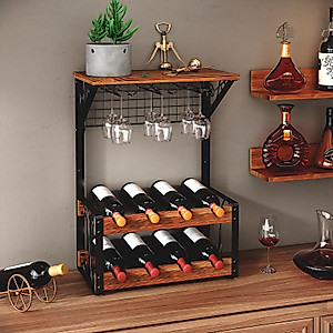 X-cosrack 2 Tier Solid Wood Wine Rack, Hold 8 Wine Bottles and 6 Glasses Countertop Wine Storage Stand, Freestanding Wine Holder Display Shelves for Kitchen, Pantry, Cellar, Bar