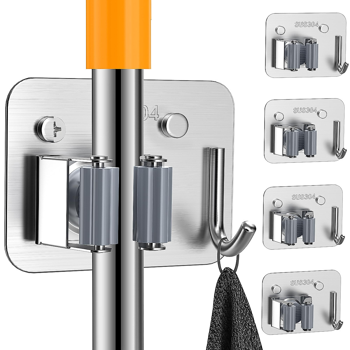 4 Pack Broom Holder Wall Mount Stainless Steel Mop Hanger - Home Laundry Room, Kitchen, Closet, Garage Organization and Storage Heavy Duty Utility Rack - Rake, Shovel Garden Tool Organizer (Silver)