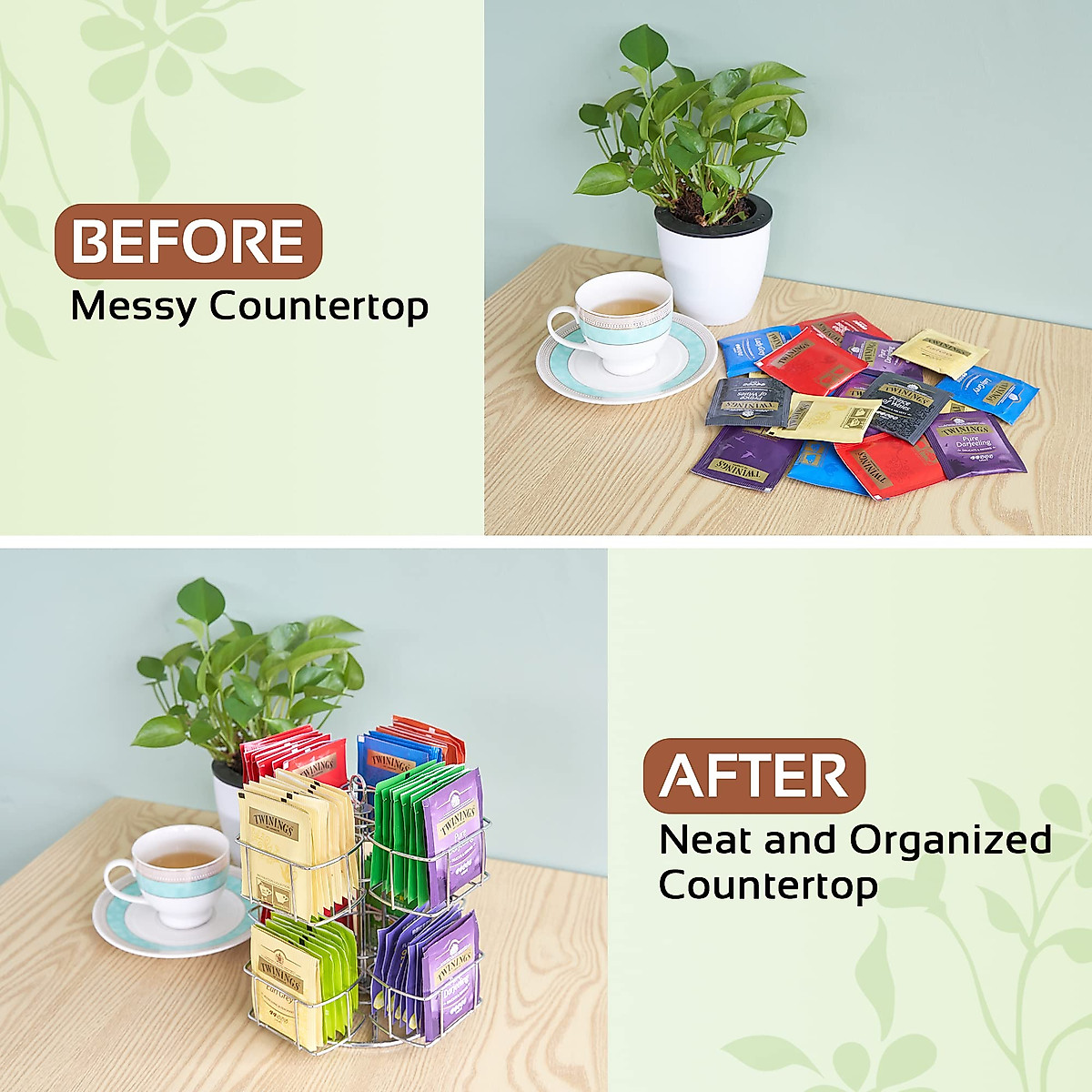 ALhom Tea Bag Organizer, Up to 80 Tea Bags Storage, 360-Degree Carousel, Tea Holder Compatible with Tea Bags, Sugar Packet for Counter, Tea/Coffee Station, Guest Room, Mother's Gift, Tea Lovers