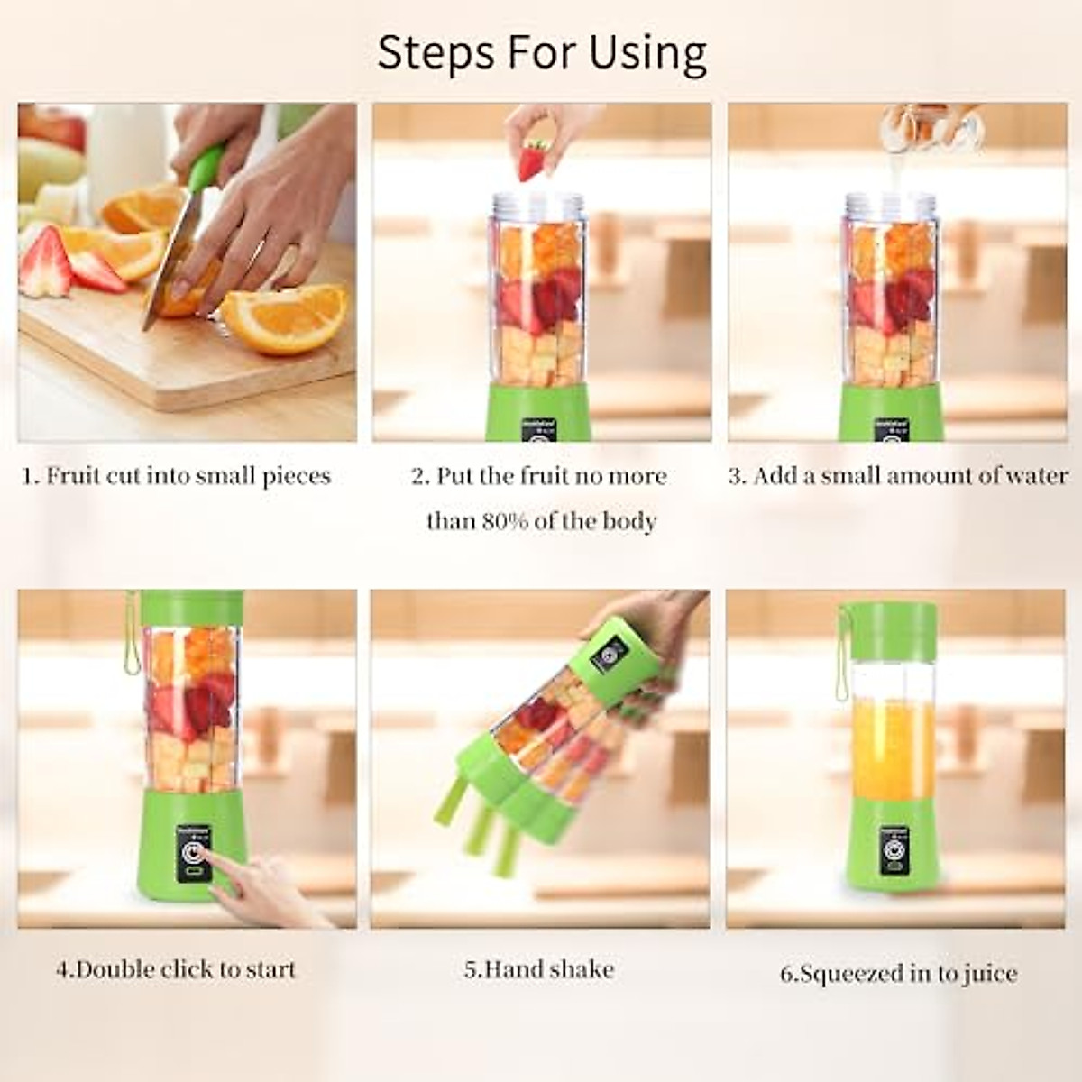 Portable Blender Cup,Electric USB Juicer Blender,Mini Blender Portable Blender For Shakes and Smoothies, Juice,380ml, Six Blades Great for Mixing,Green