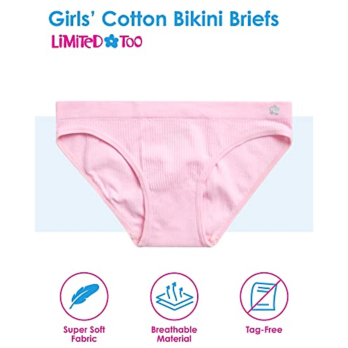 Limited Too Girls' Underwear - 6 Pack 100% Cotton Bikini Briefs (Size: 7-16), Size 7-8, Blue/Grey Assorted