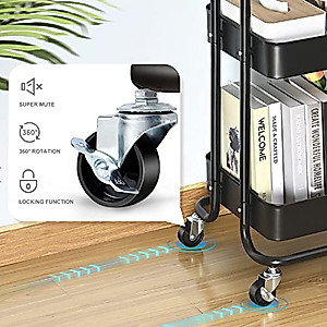 TOOLF 3 Tier Metal Rolling Cart, Utility Cart with Handle, Multifunction Storage Cart with Lockable Wheels, Serving Organizer Trolley with Mesh Basket for Kitchen, Bathroom, Office