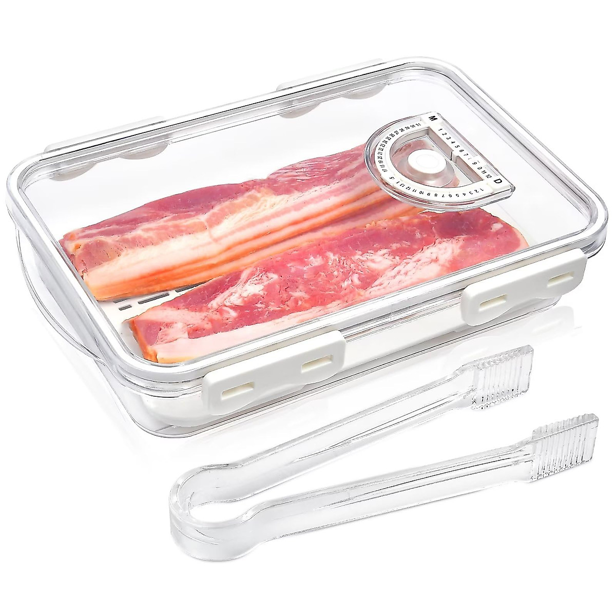 Bacon Container for Refrigerator, Airtight Thick Plastic Deli Meat Keeper with Lids for Fridge, Kitchen Cold Cuts Food Storage Organizer, Bacon Holder Cheese Saver with Serving Tongs and Drain Plate