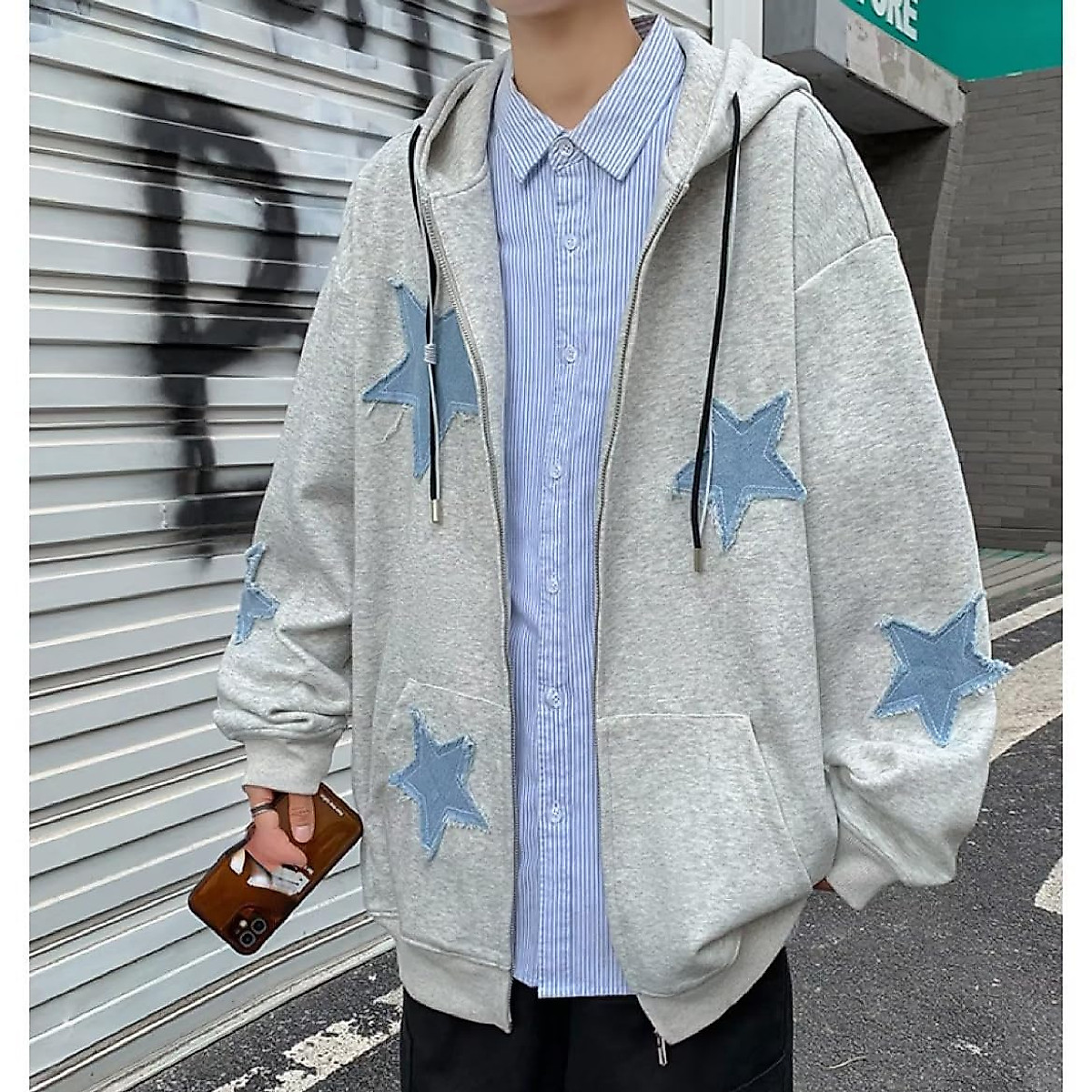 Y2K Hoodie Women Grunge Stars Zip Up Sweatshirt Acubi Emo Oversized Hooded Jacket Harajuku Pullover Alt Clothing (Gray,M)