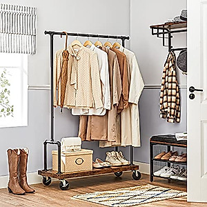 VASAGLE Rolling Clothes Rack, Garment Rack for Hanging Clothes with Wheels, Hanging Rail and Shelf, Heavy-Duty, Industrial Pipe Design, Rustic Brown and Black URGR110B01