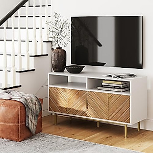 Nathan James Izsak Media Console, TV Stand, Entertainment Cabinet with Herringbone Doors and Cubby Storage in a Fir Wood Finish for Living, Dining Room or Entryway, Brown/White/Gold
