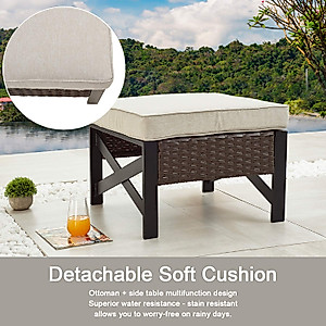 PatioFestival Outdoor Wicker Ottoman Patio Footstool Rattan Furniture Coffee Table All Weather Foot stools Seat with Cushion(Brown)