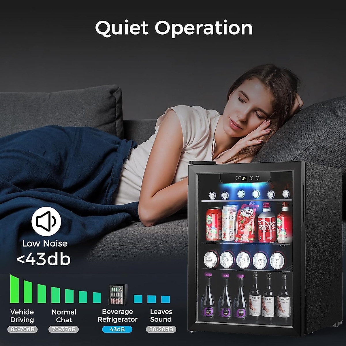 Kndko Mini Beverage Refrigerator and Cooler - 95 Can Mini Fridge with Digital Temperature Control, LED Light, Reversible Door, Perfect for Home, Office, Bar, and Game Room - 2.6 Cu.Ft, Black