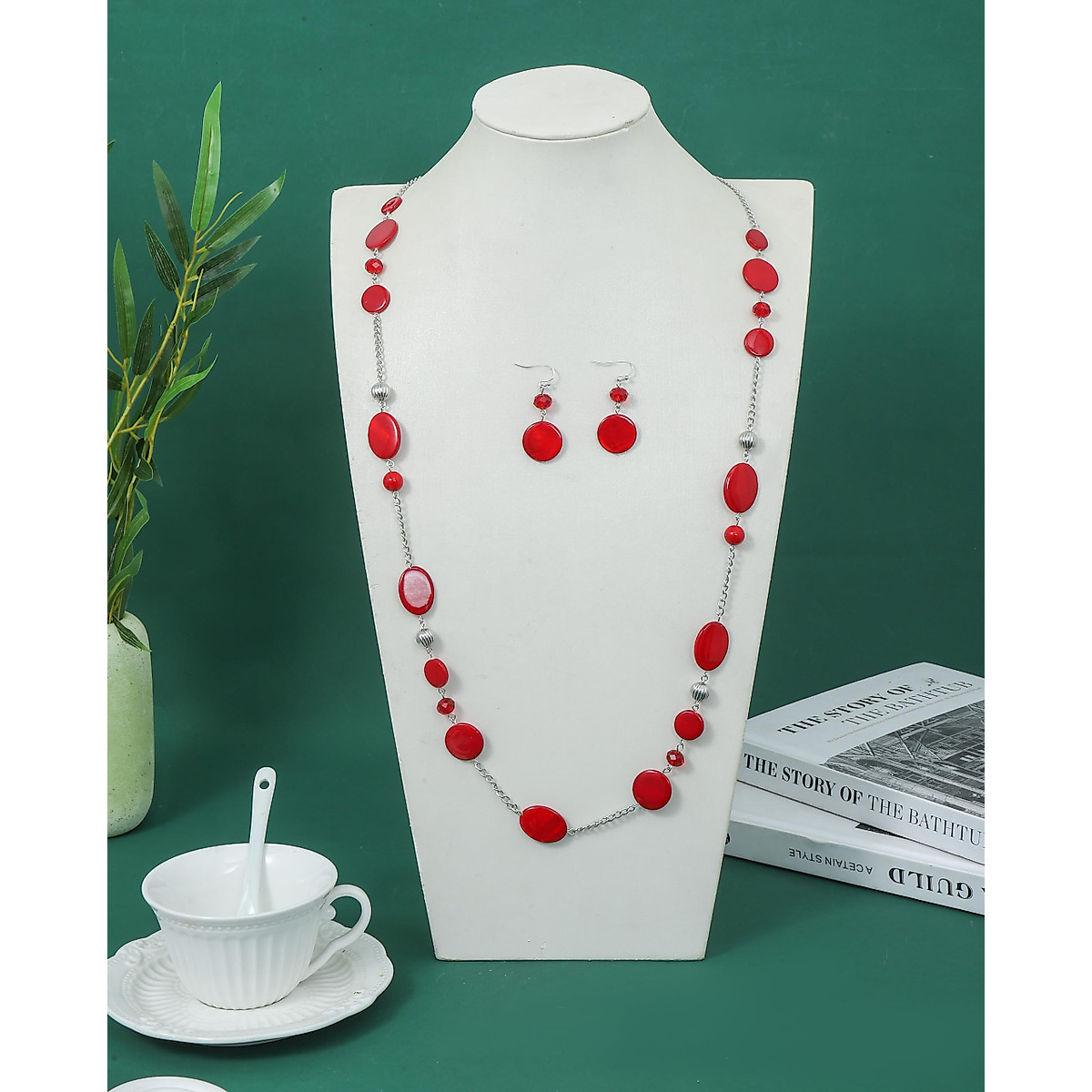 Jules D. Long Link Chain Multi Colorful Red Green Blue Necklace Earring Set Crystal Shell Stone Beads Statement Necklace for Women Gift (Red)