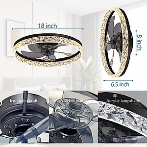 AHWEKR Ceiling Fan with Lights Dimmable LED Reversible Blades Timing with Remote Control, 5 Invisible Bladesflush Mount Ceiling Fan (18in, Black)