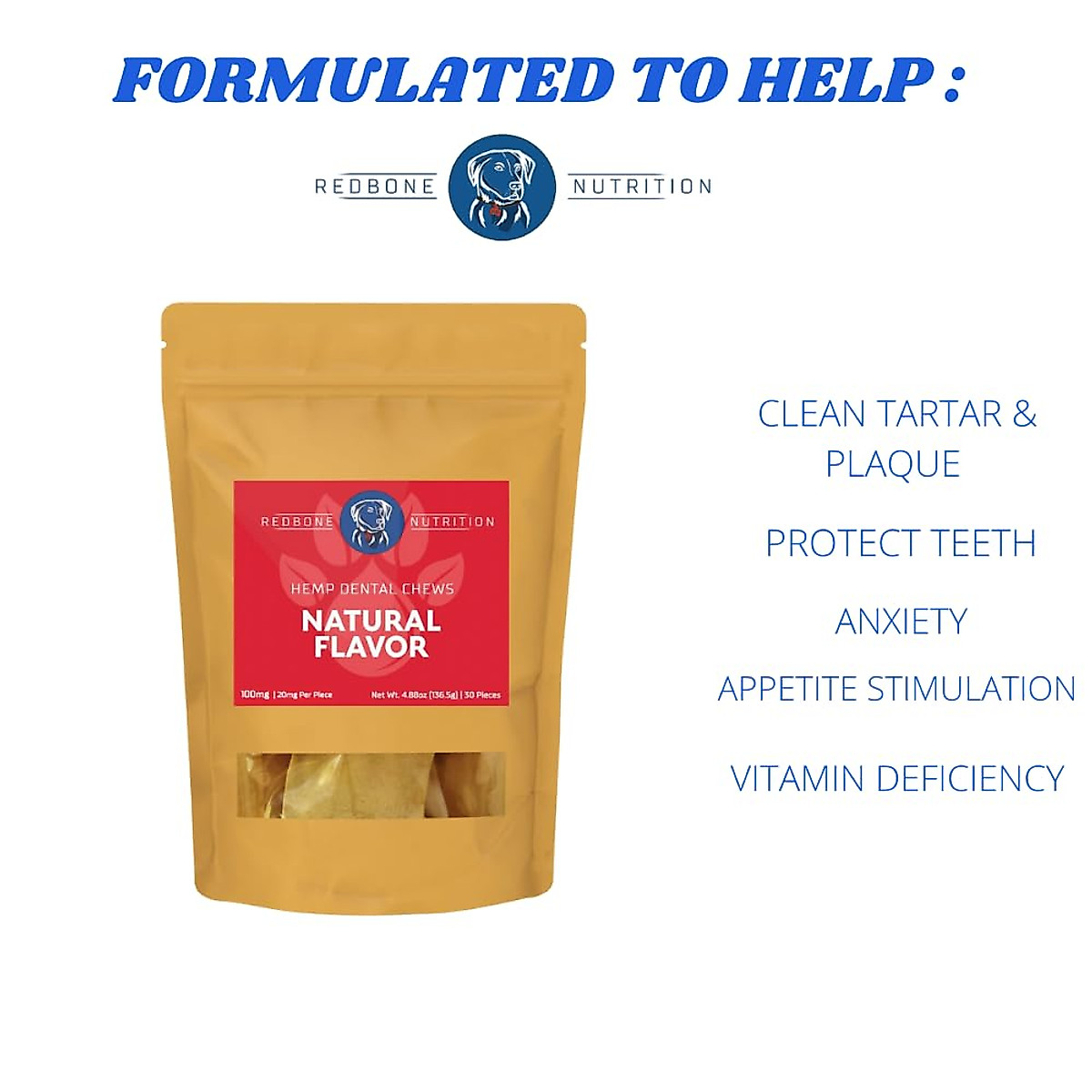 Redbone Nutrition Pet Hemp Dental Chews - Fish-Oil Based Pet Dental Chews for Dogs - CLEANS TEETH, DOG DENTAL CARE, Stress Relief, Dog Joint Pain Relief - Natural Dog Chews. (Natural Flavor)