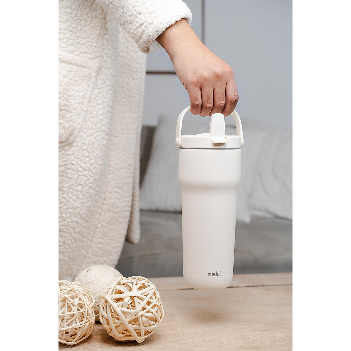 Zak Designs Sutton Travel Tumbler for On the Go, 30oz Stainless Steel with Vacuum Insulation, Straw Spout, Carry Handle for Cold Drinks (Cream White)